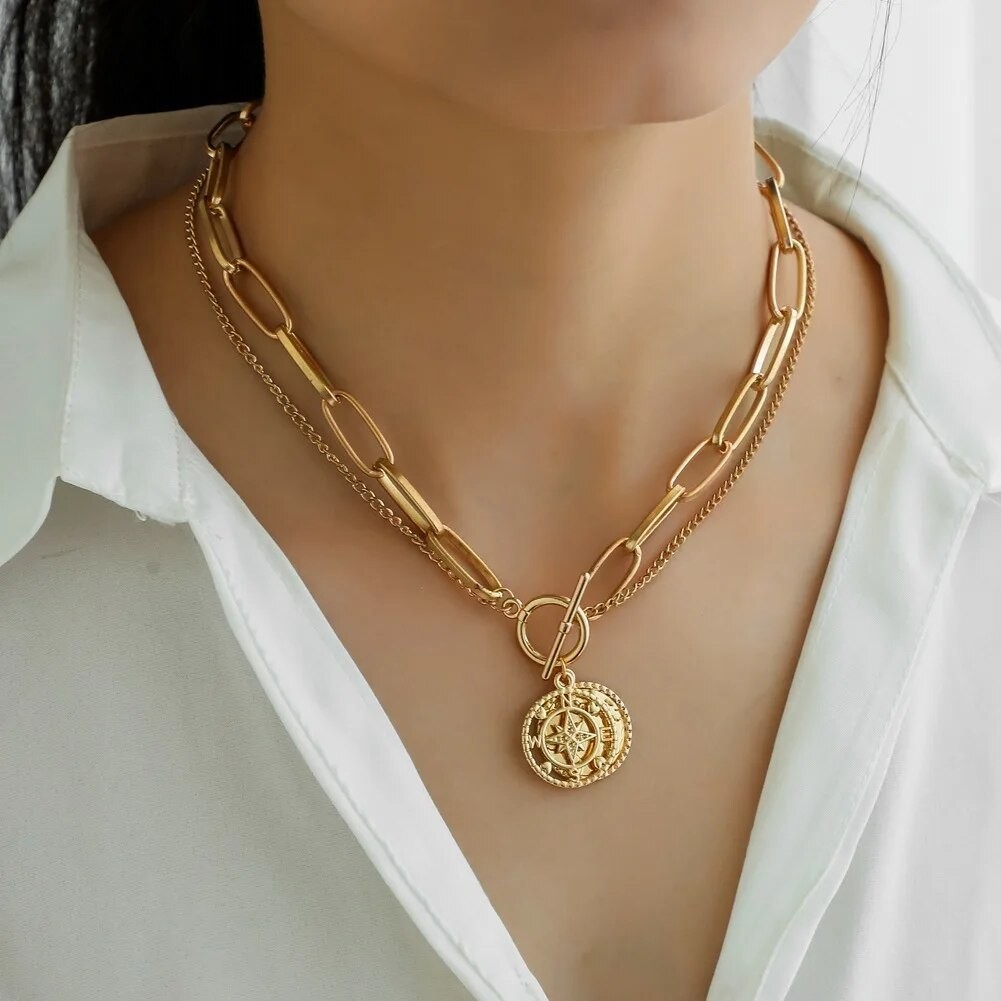 GD Hip-hop Punk Sweater Chain Creative Compass Navigation Map Pendant ...