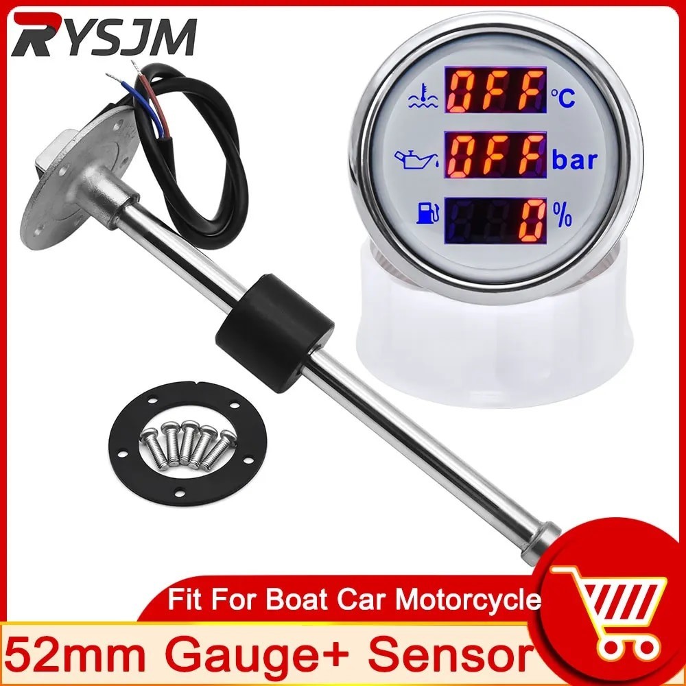 52mm 3 in 1 Digital Fuel Level Gauge + Fuel Level Sensor Water Temperature Gauge Celsius Oil ...