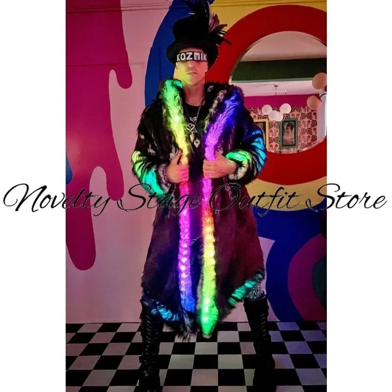 LED Tron Dance Wear Luminous Faux Fur Coat Winter Jacket for Men Party ...
