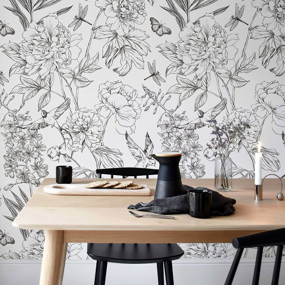 Retro Line Sketch Floral Wallpaper White And Black Flower PVC Furniture ...