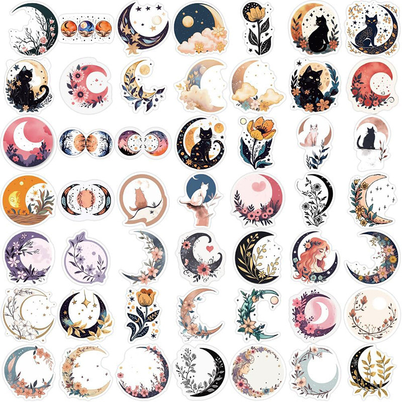 ♥50Pcs Boho Moon Cat Stickers Aesthetic Moon Flower Stickers for Water ...