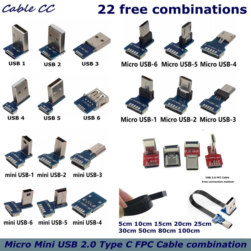 FFC Type-C Mini Micro USB Extension Ribbon Cable 90 FPV Slim Flat Soft ...