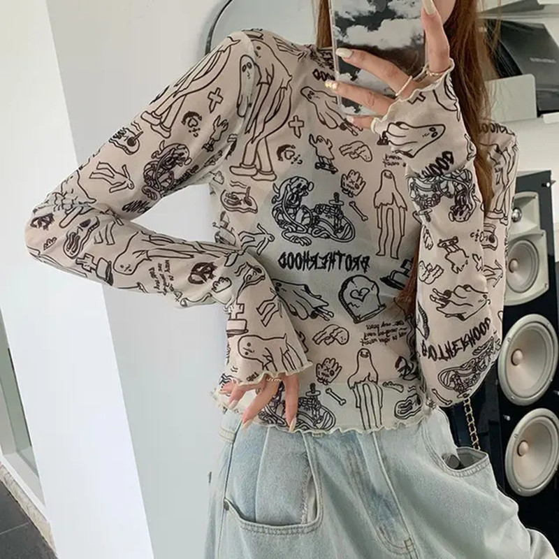 MEXZT Y2K Mesh Sheer T Shirts Women Streetwear Cartoon Print Crop Tops ...