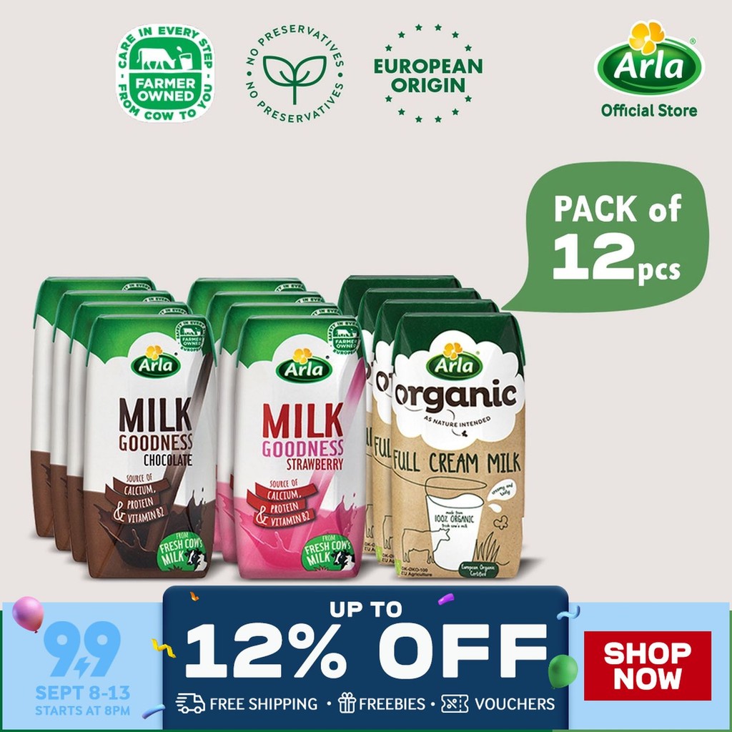 Arla Chocolate, Strawberry, and Organic Full Cream Milk 200ml 12-Pack ...