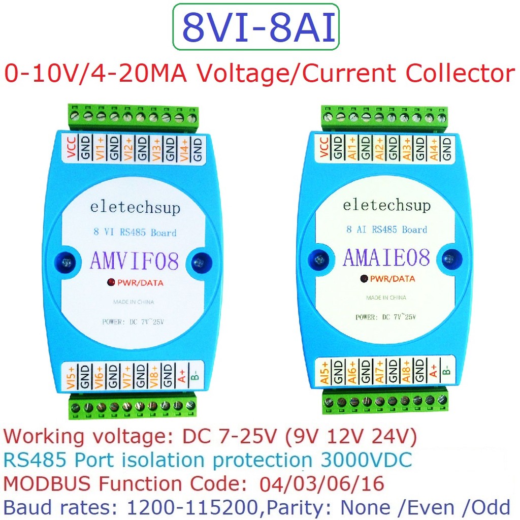 ⓥDC 12V-24V 8AI 8VI 4-20MA /0-10V to RS485 Current/Voltage ADC ...