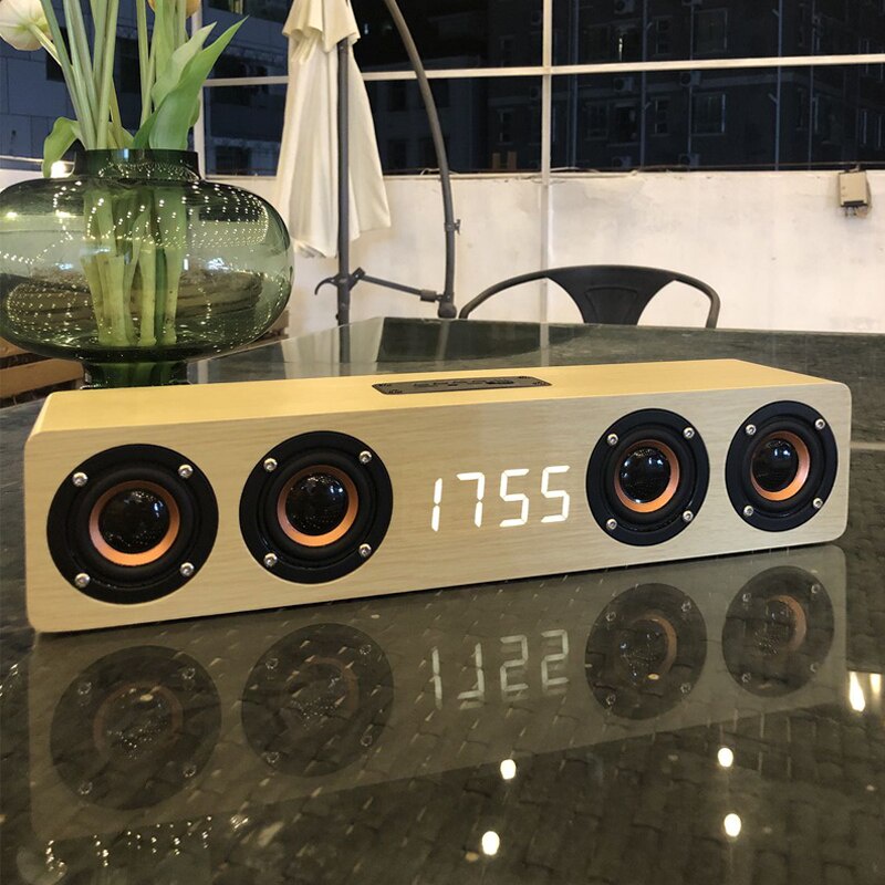High Power Bluetooth Speaker Wooden Alarm Clock Sound System Super Bass ...