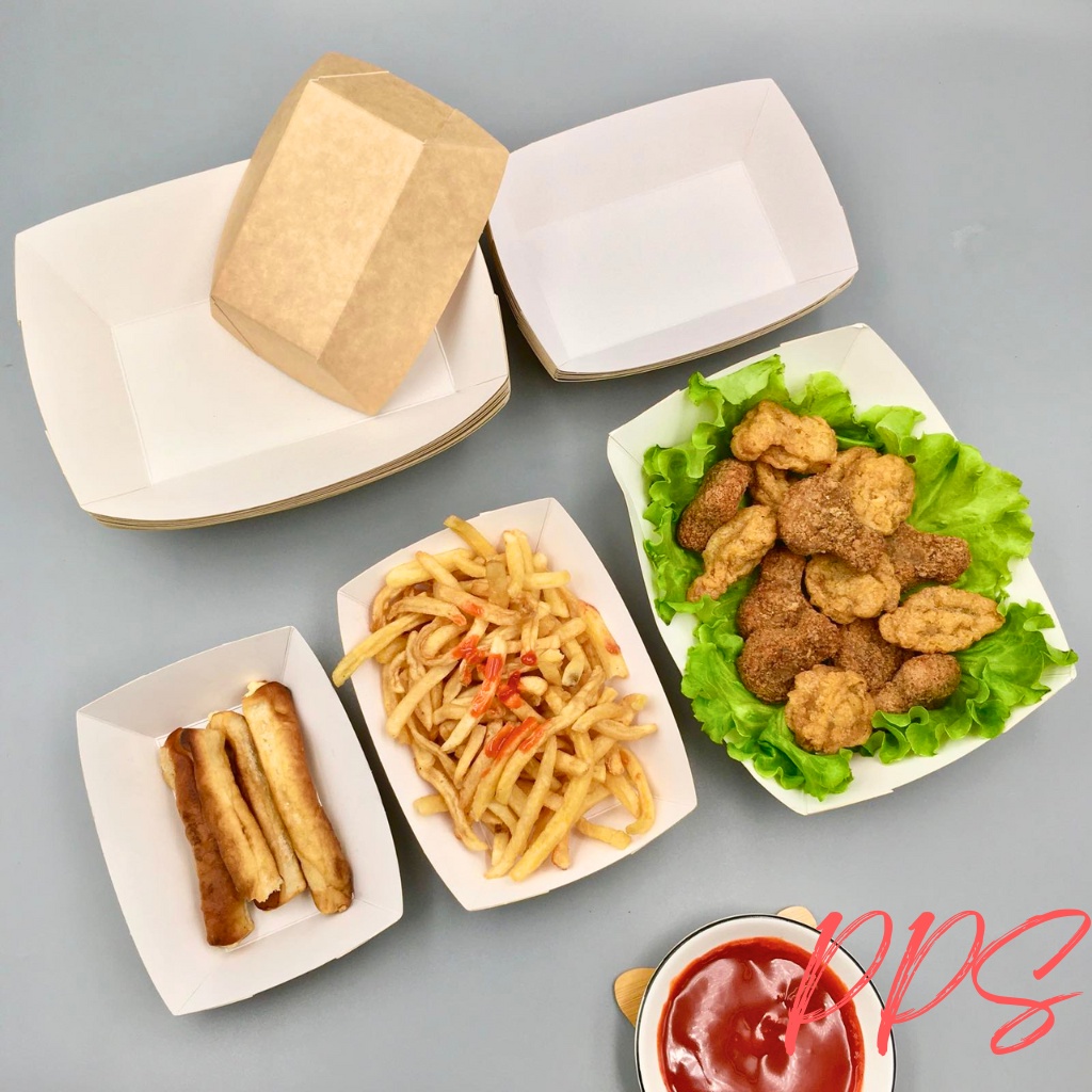 50pcs Kraft Paper Boat Tray White Inside Kraft Snack Boat Food Tray ...