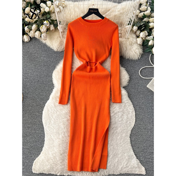 SINGREINY French Senior Knitted Long Dress O Neck Elastic Waist Hollow ...