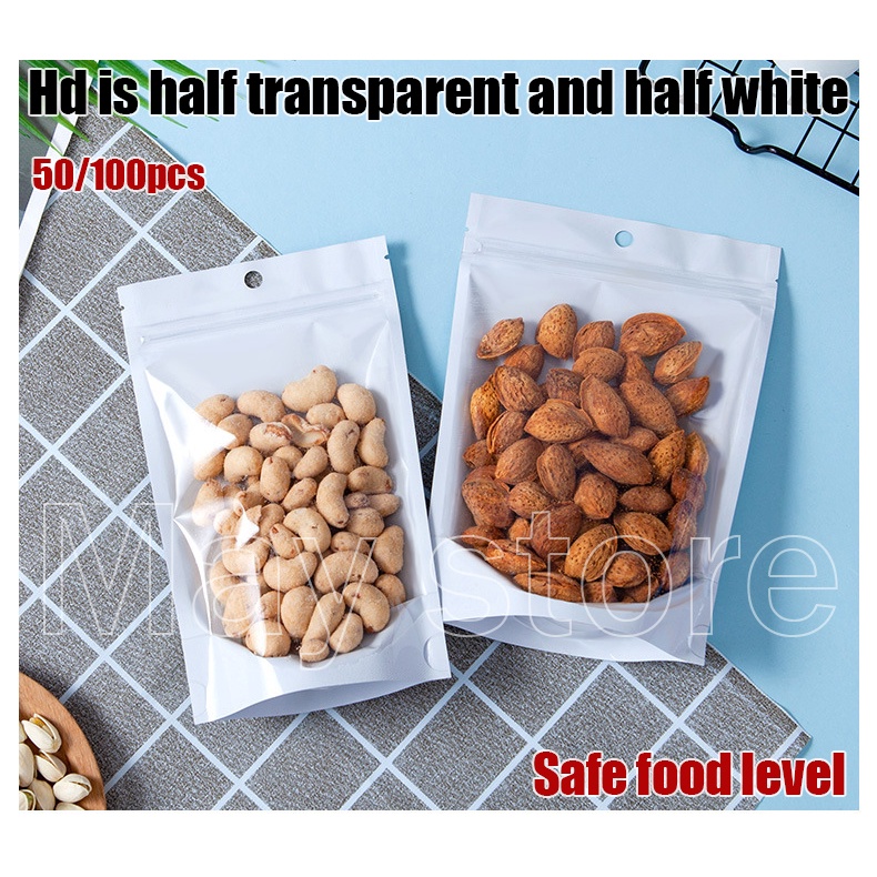 50/100Pcs Plastic Sealing Bag Half White Aluminum Half Clear Stand Up Pouch with Zip Lock ...