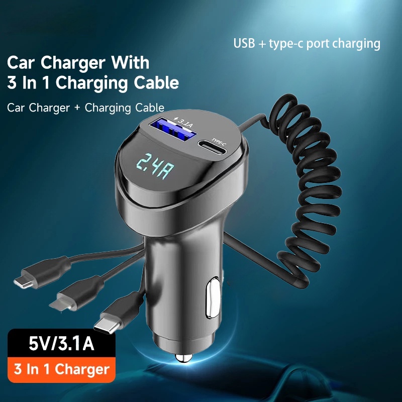 3.1A LED Digital Display Car Charger With 3 in 1 Cable Dual port USB ...