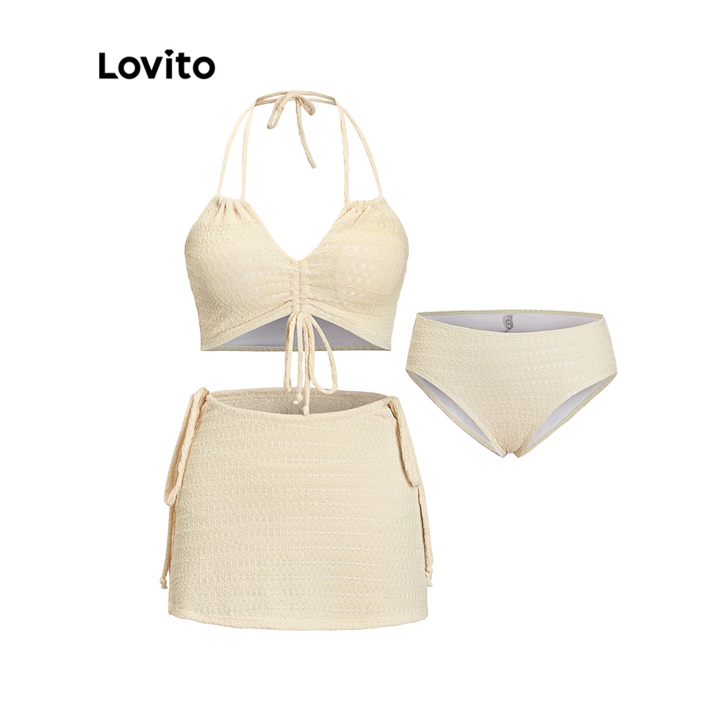 Lovito Casual Plain Drawstring Lace Up Textured Fabric Shirring Bikini ...