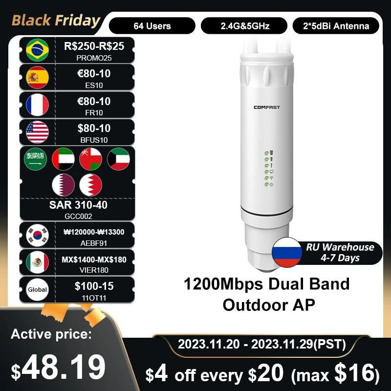 Comfast 300M/1200M Outdoor Access Point Wireless WiFi Extender 2.4G ...