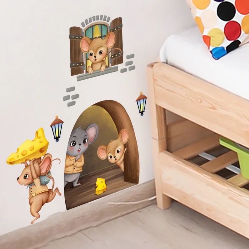 Mouse Reading Wall Stickers Funny Mouse Hole Wallpaper for Kids Room ...