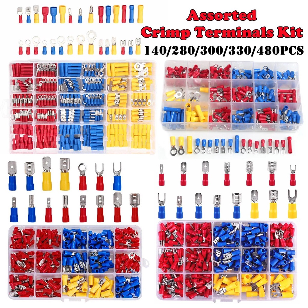 480/330/280/140pcs Assorted Spade Terminals Ring Fork Lugs Crimp Butt ...