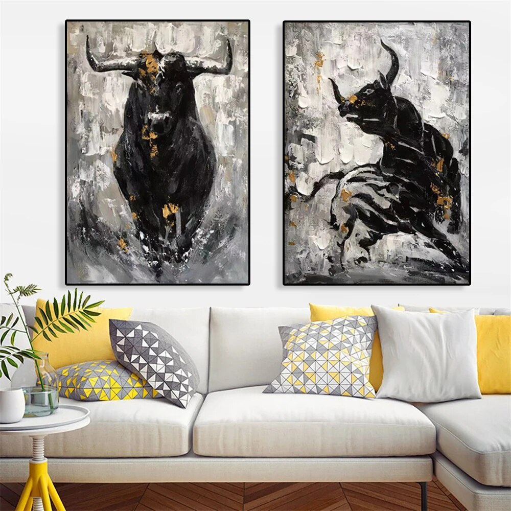Large Abstract Art Canvas Painting Textured OX Artwork Bull Print Wall ...