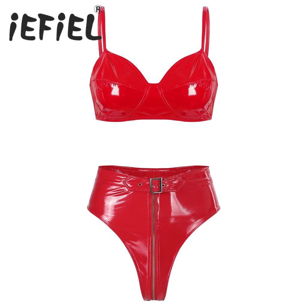 32c Womens Fashion Wet Look Patent Leather Lingerie Set For Rave Dance