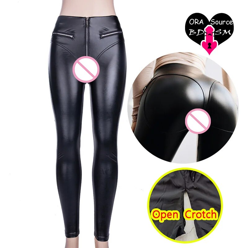 34v Woman Sexy Open Crotch Pant Pu Leather Seamless Zipper Crotchless