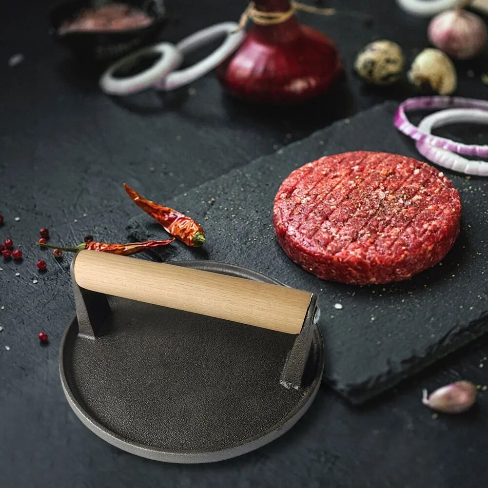 Hamburger Patty Maker Kitchen Heavy Cast Flat Iron Steak Bacon Beef ...