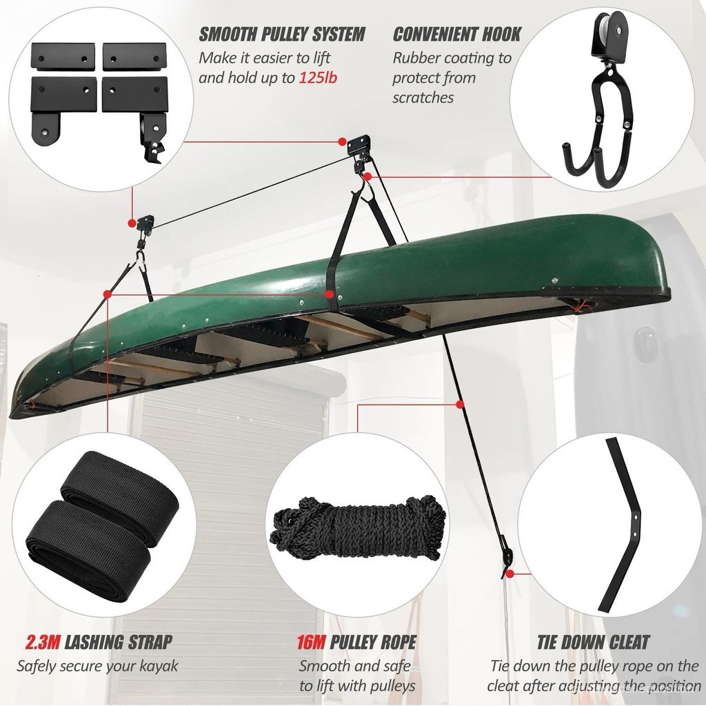 ♂Kayak Lift with Hanging Pulley System Kayak Ceiling Rack Garage ...