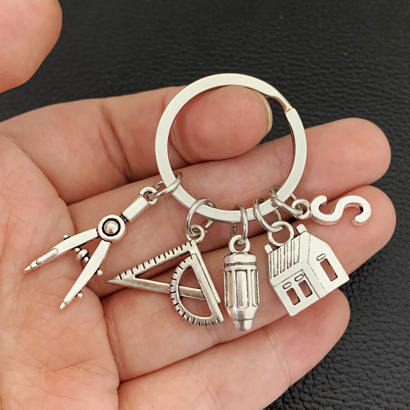 letter A-Z New House key ring Compass Ruler Keychain Real Estate ...