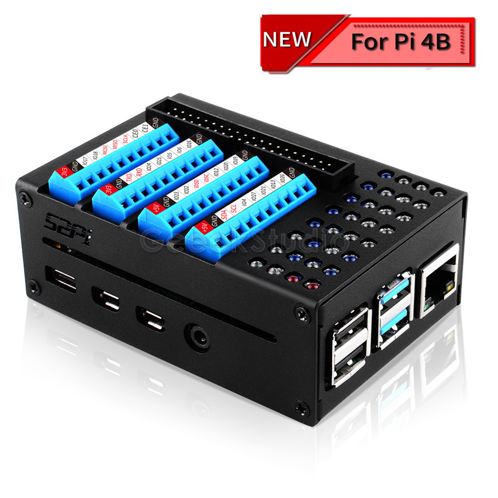 ☋Raspberry Pi 4 Model B Black Metal Case GPIO Terminal Expansion Board with LED indicators Alum ...