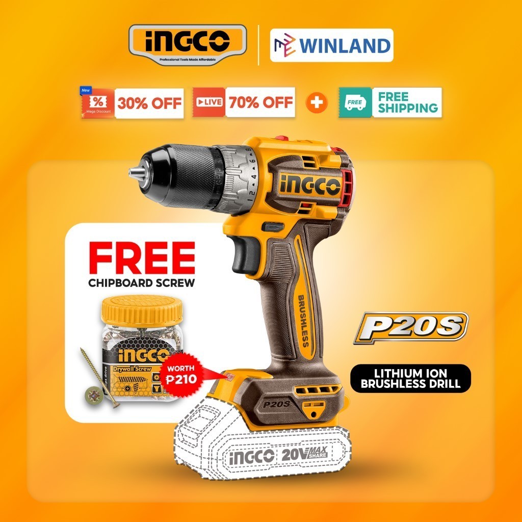 Ingco by Winland Lithium-Ion Compact Brushless Cordless Drill 20V w ...