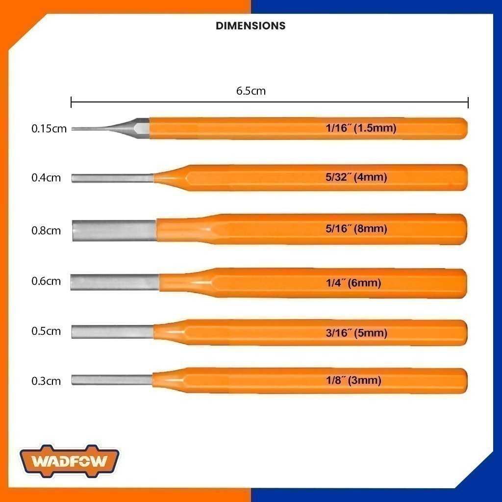 Wadfow WCC8306 Set of 6 Pin Round head Hole Punch 40Cr-steel 152mm ...