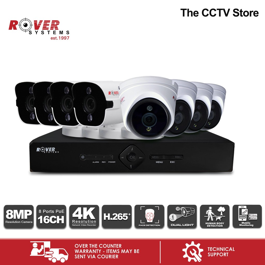 Rover Systems 16Ch/8 Ports PoE NVR + 8 units 8MP PoE Dual Light IP ...
