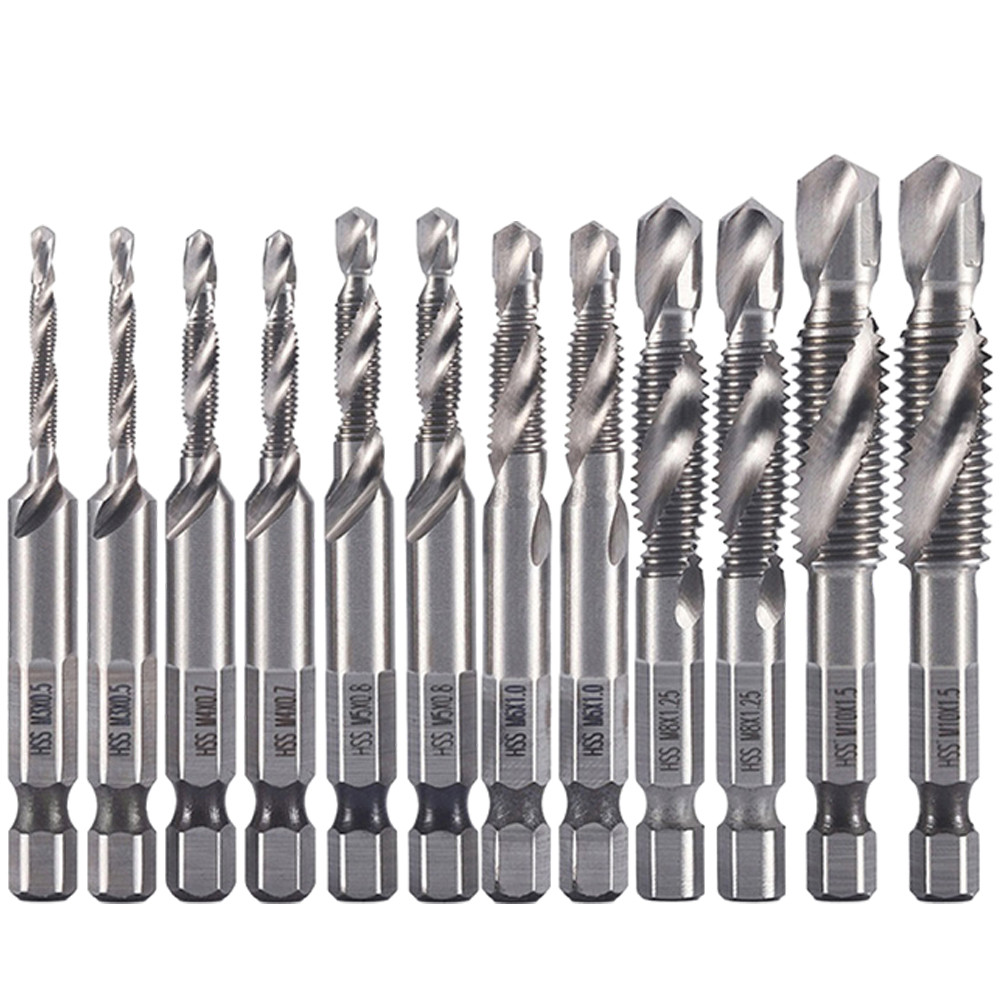 12pcs/set Hex Shank HSS Screw Thread Metric Tap Drill Bits Compound Tap ...
