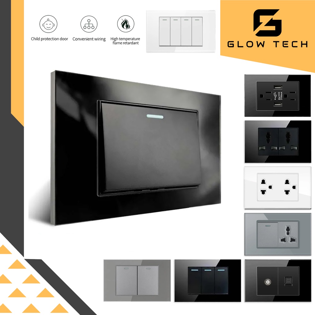 Glowtech Black SC70 Series Universal Tempered Glass Wall Socket, Wall ...