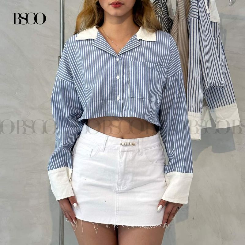 ONHAND BSCO IZUMI STRIPED LONGSLEEVE POLO CROP TOP - KOREAN FASHION ...