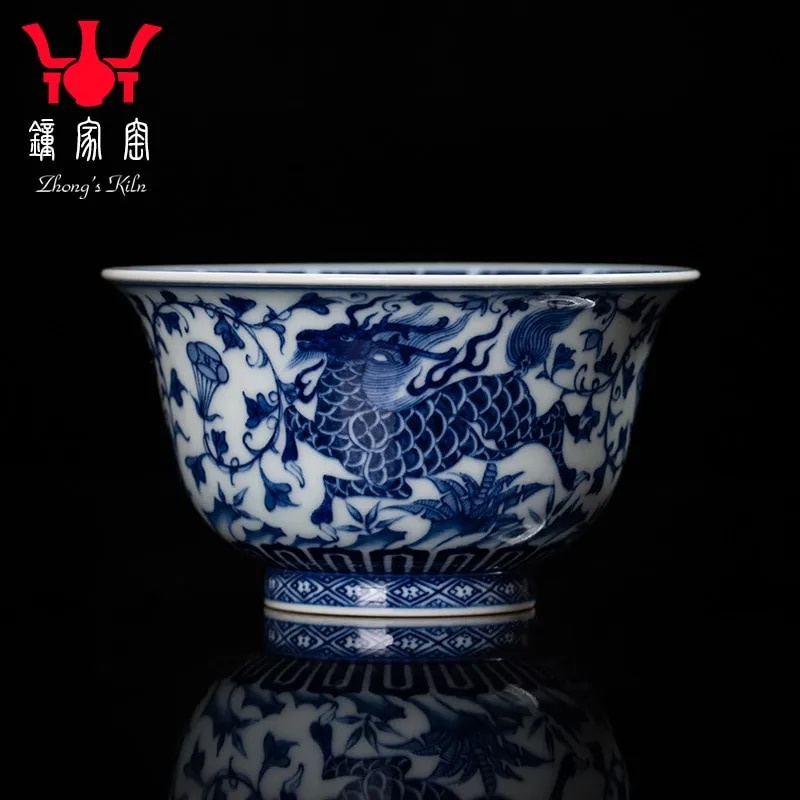 ☇Zhongjia Kiln Kung Fu Tea Cup Jingdezhen Hand-Painted Underglaze Blue and White Wood Kiln ...