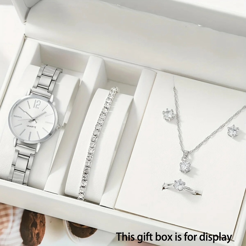 1pc Rhinestone Decor Silvery Zinc Alloy Round Dial Quartz Watch & 5pcs ...