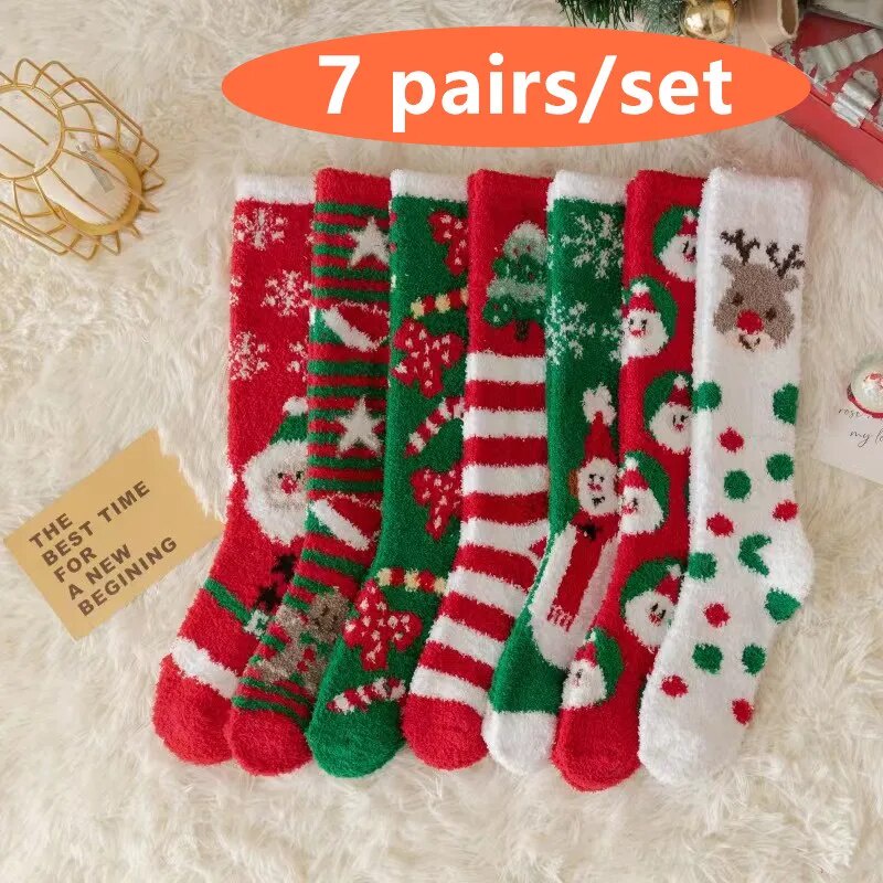 7 Pairs Set Long Christmas Socks Coral Fleece Women Warm Thickened
