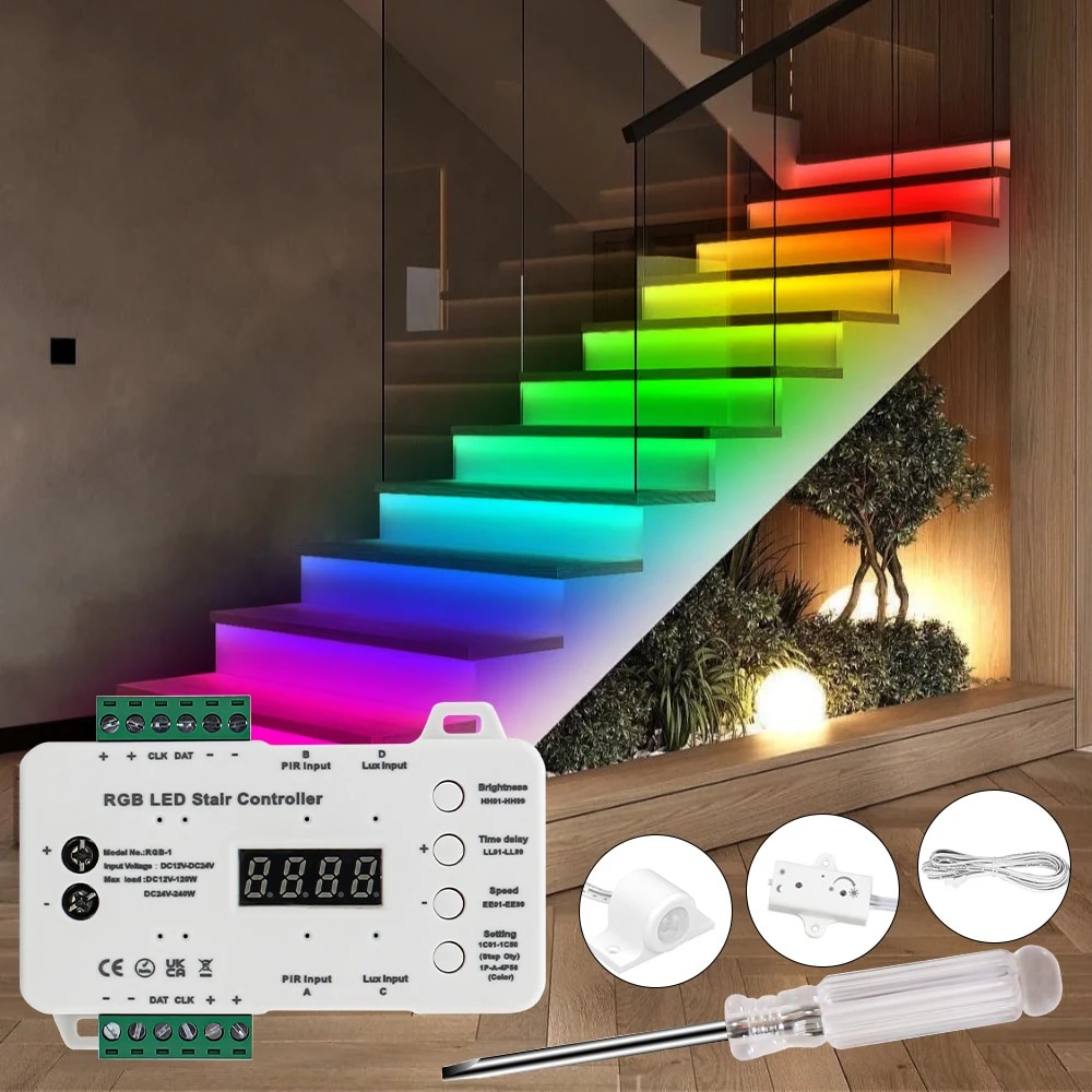 ♣Motion Sensor RGB Stair Light Strip Daylight Stairs LED Strip 16 Steps ...