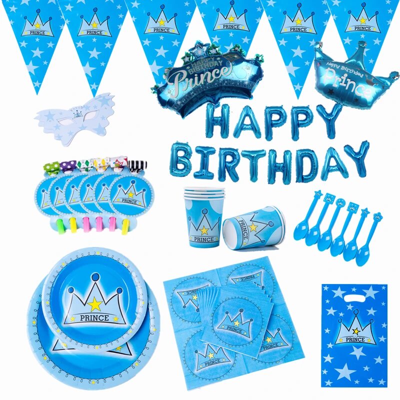 Prince Theme Party Supplies Boys Crown Paper Cups Plates Straws Banner ...