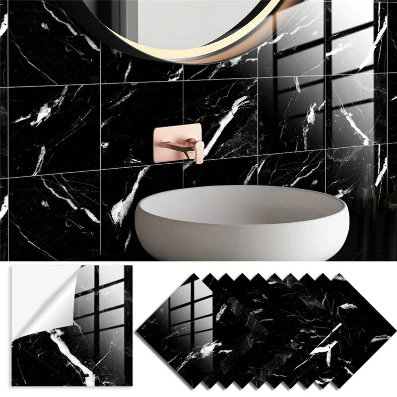 Black Marble Ceramic Tiles Sticker Self-adhesive Kitchen Backsplash ...