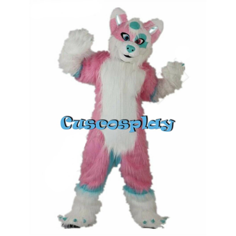 Husky Dog Mascot Costume Pink Long Fur Furry Fox Wolf Fursuit Adult ...