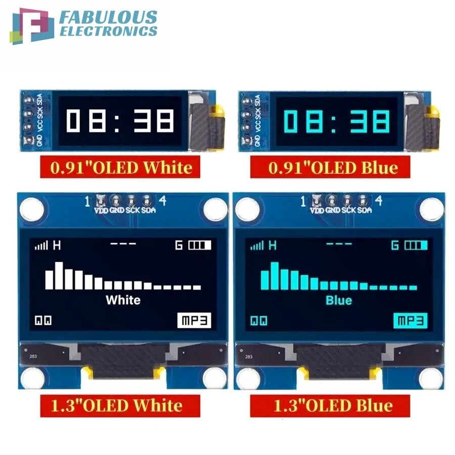 0.91 Inch OLED SSD1306 White/Blue 128X64 IIC I2C Serial Display Module ...