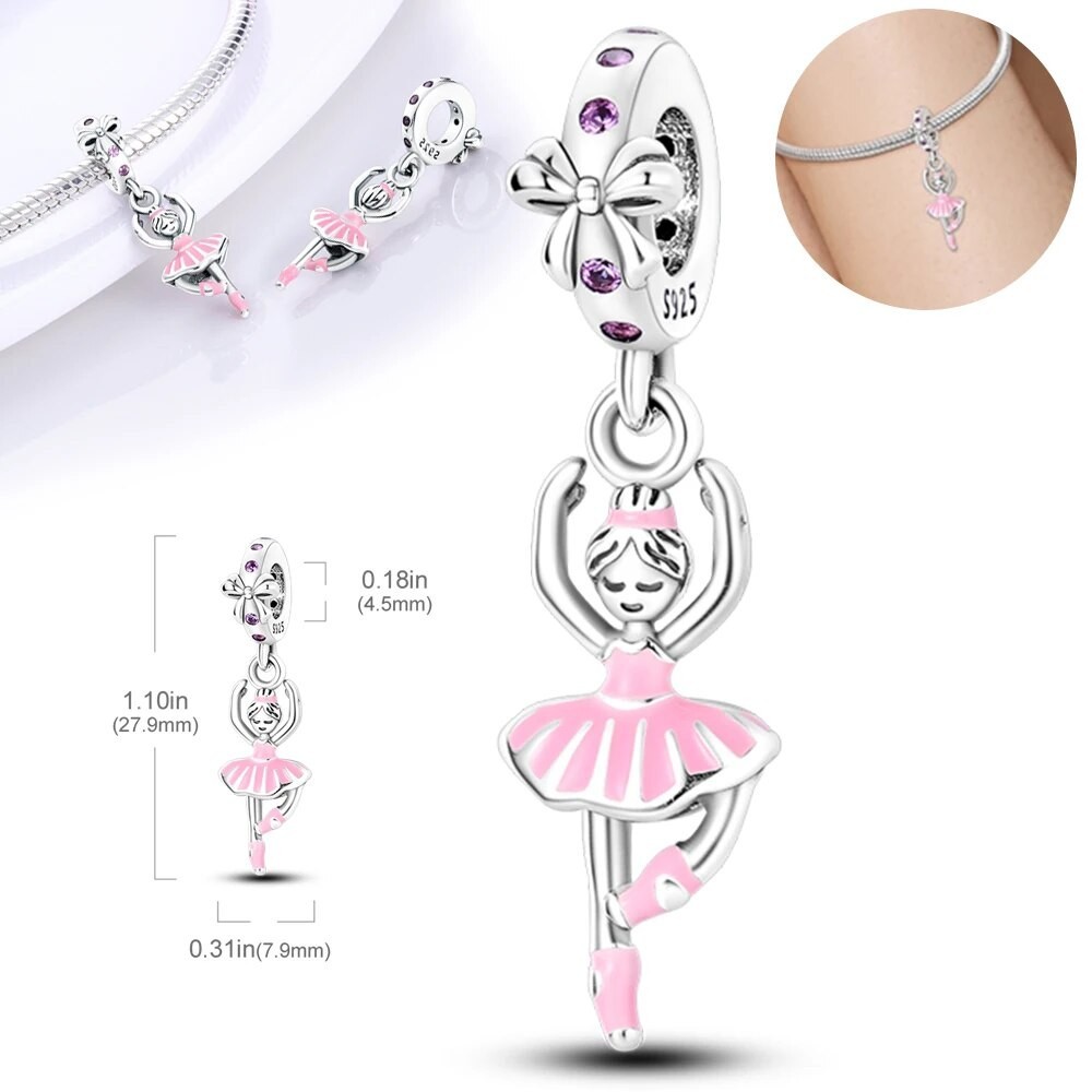 Elegant 925 Sterling Silver Pink Ballet Bow Girl Charm Fit Pandora ...