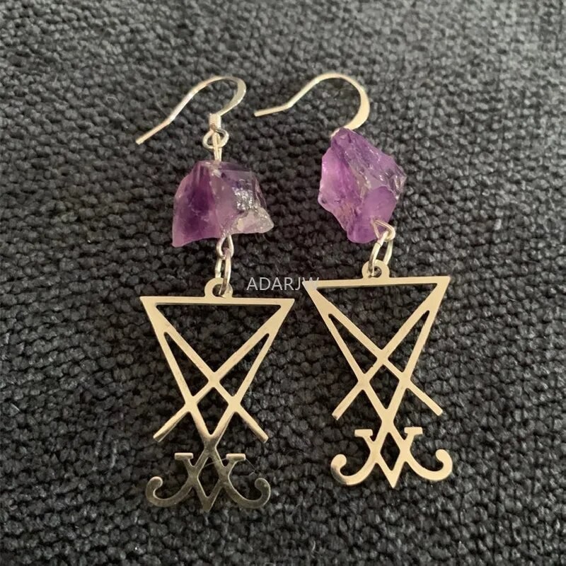 Natural Purple Crystal Raw Stone Lucifer Sigil Symbol Earring Healing ...