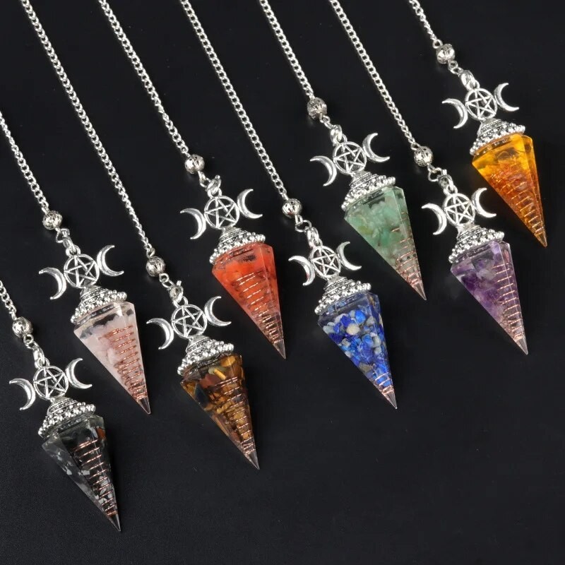 Resin Triple Moon Sun Crystal Pendulums Natural Chip Gem Stone Pendant ...