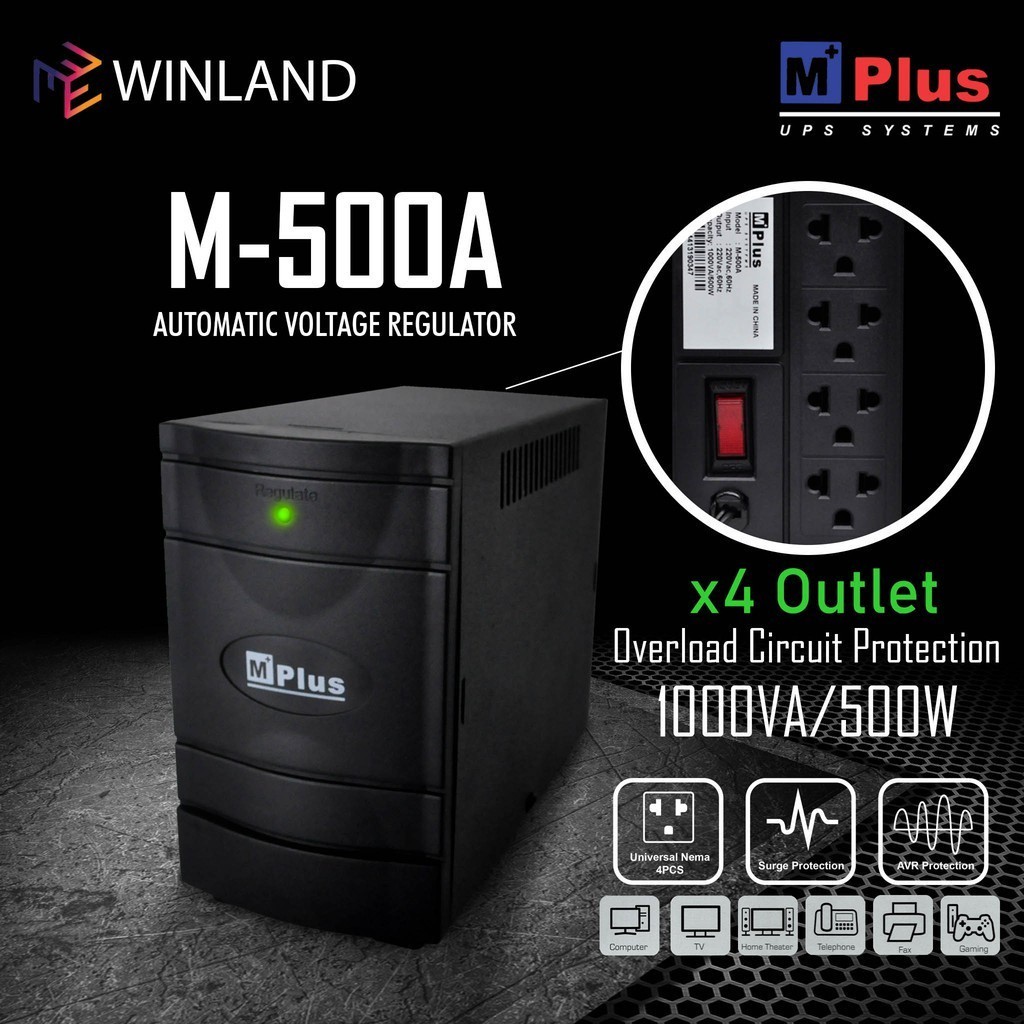 Winland l MPLUS 4 Outlets Automatic Voltage Regulator 500W AVR with Surge Protector 1000VA/500W ...
