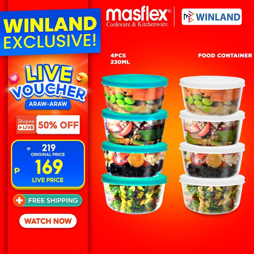 Masflex by Winland 4 Pieces Borosilicate Glass 230ml Food Container with Lid FE-230W/FE-230G ...