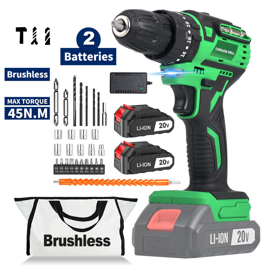 20V Cordless Drill 3/8" Electric Screwdriver 45Nm Power Driver w/2 ...