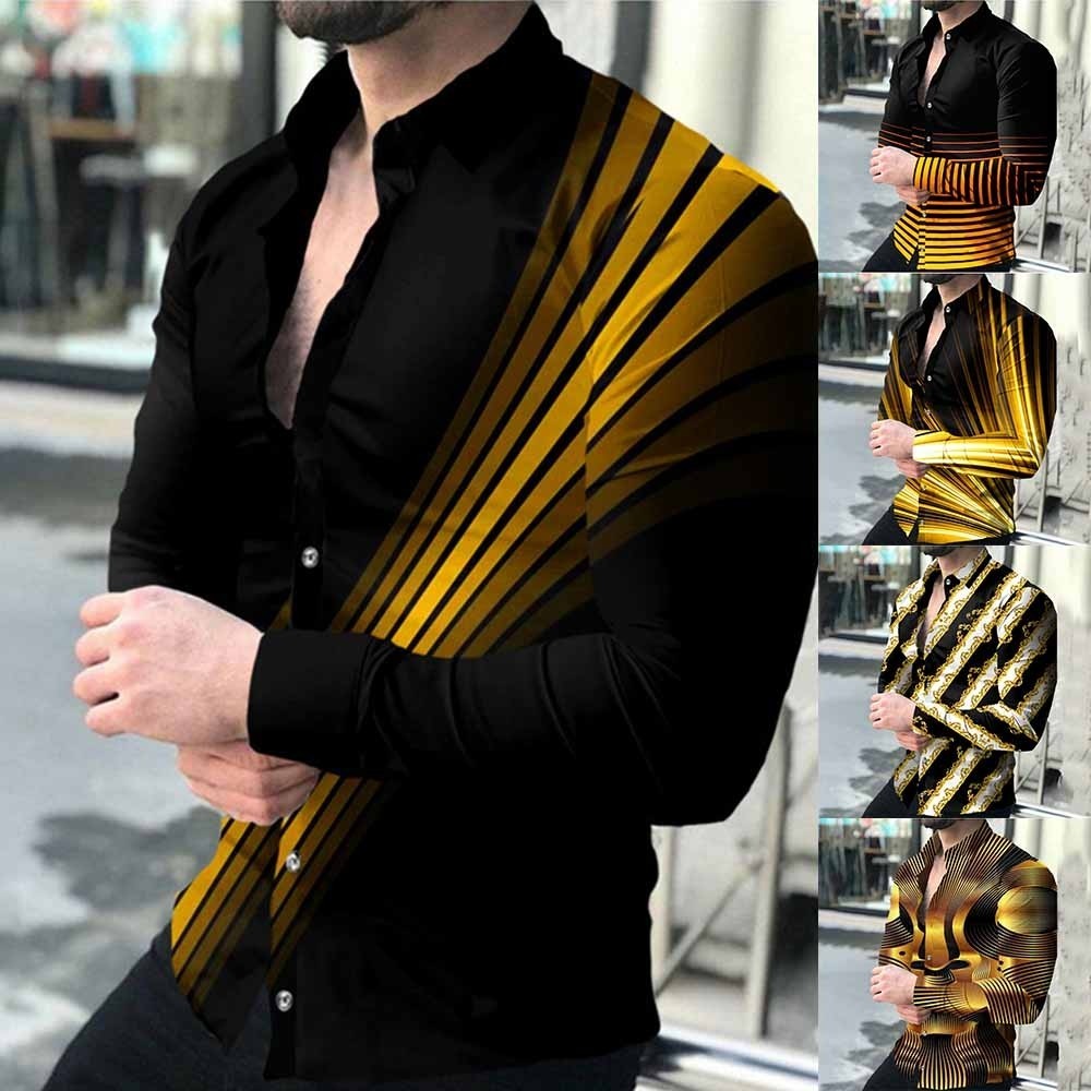betterlife3.ph⚡ Fashionable Gold Print Shirt for Men Slim Fit Dress ...