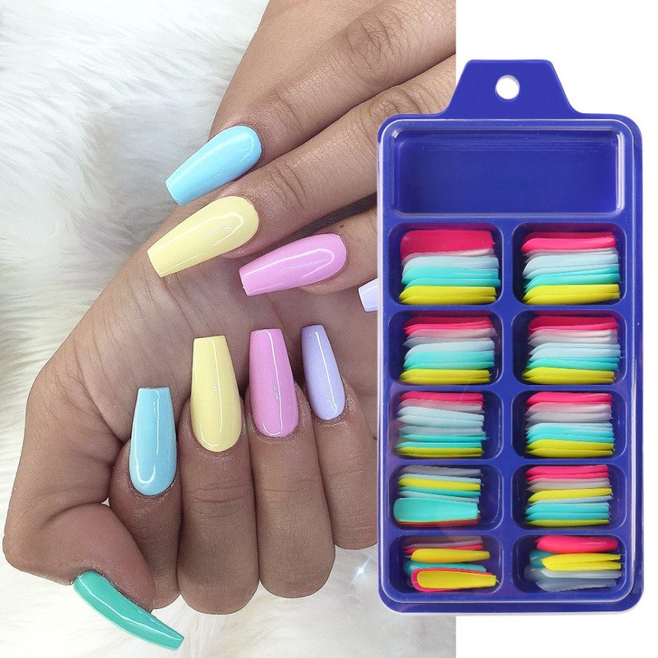 100Pcs/Box Candy Fake Nails Full Cover Ballerina Acrylic Artificial ...