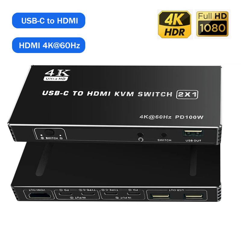 ☻USB C KVM Switch 2 in 1 out 4K Type-C in HDMI out KVM Switch 2x1 with ...