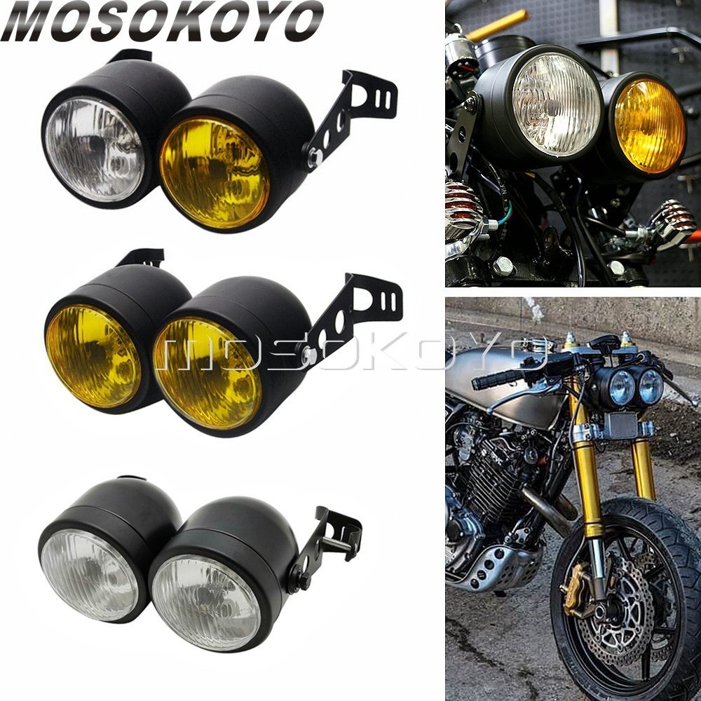 ☠Motorcycle 3.5\" Twin Headlight Retro Round Front Lamp w/ Mount ...