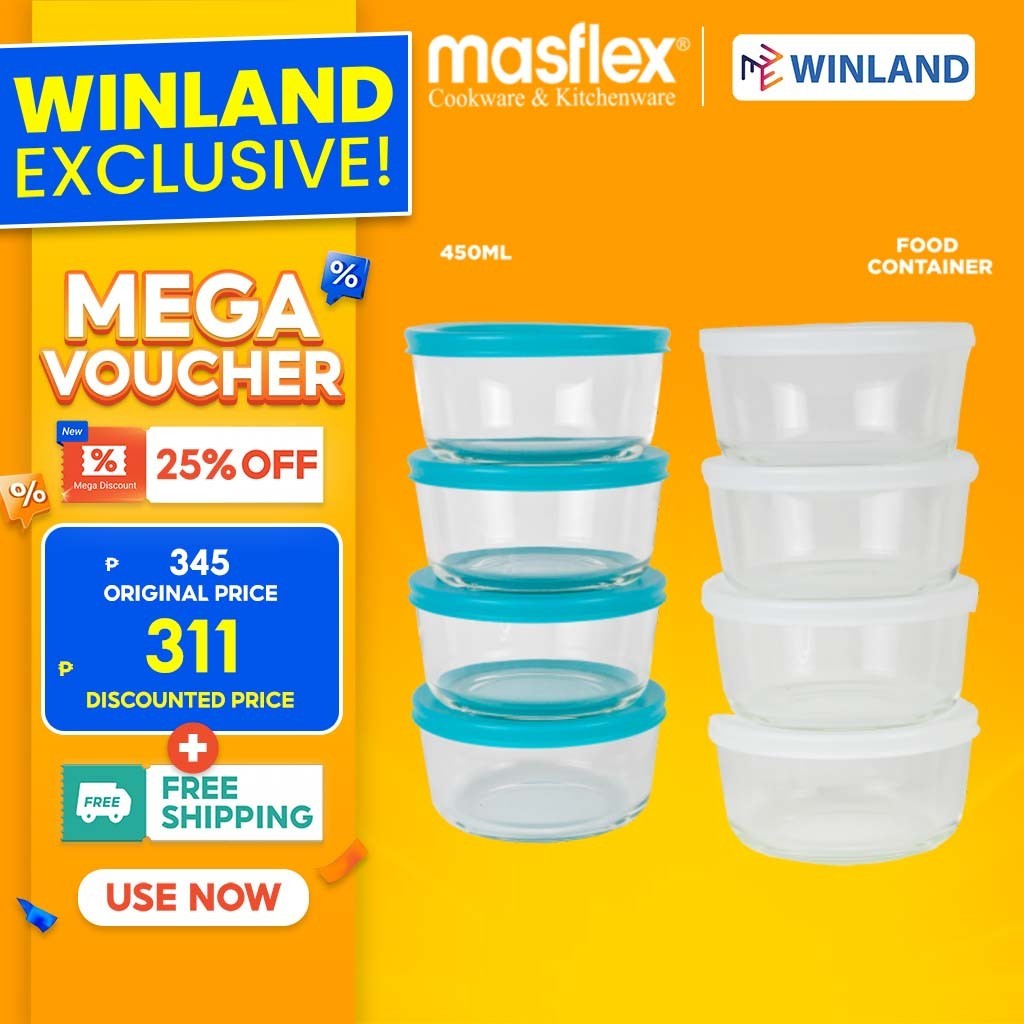 Masflex by Winland 4 Pieces Borosilicate Glass 450ml Food Container ...